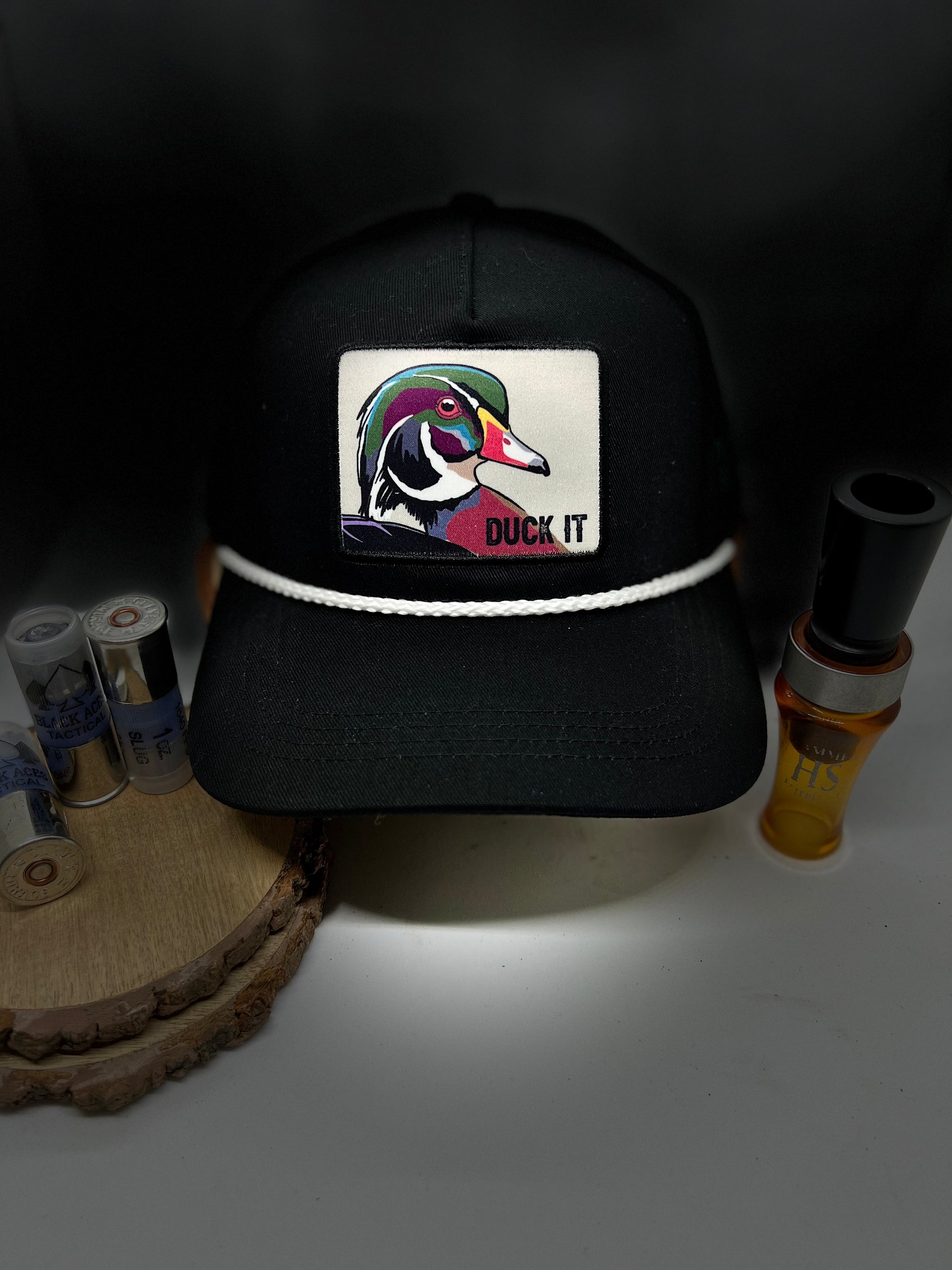 Curved Brim Black Hat - Wood Duck Design – Mucker Bucket
